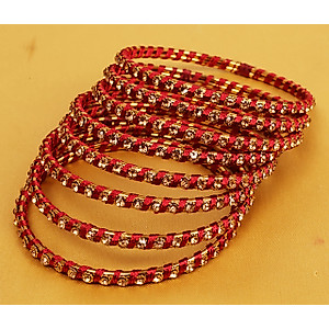Touchstone New Silk Thread Bangle Collection Indian Bollywood Hand Woven Silk Thread Marron Color Rhinestone Designer Jewelry Special Extra Large Size Bracelets Bangle Set of 8 for Women.