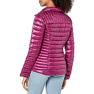 GUESS womens Hooded Packable Puffer Transitional Jacket, Magenta, Small US