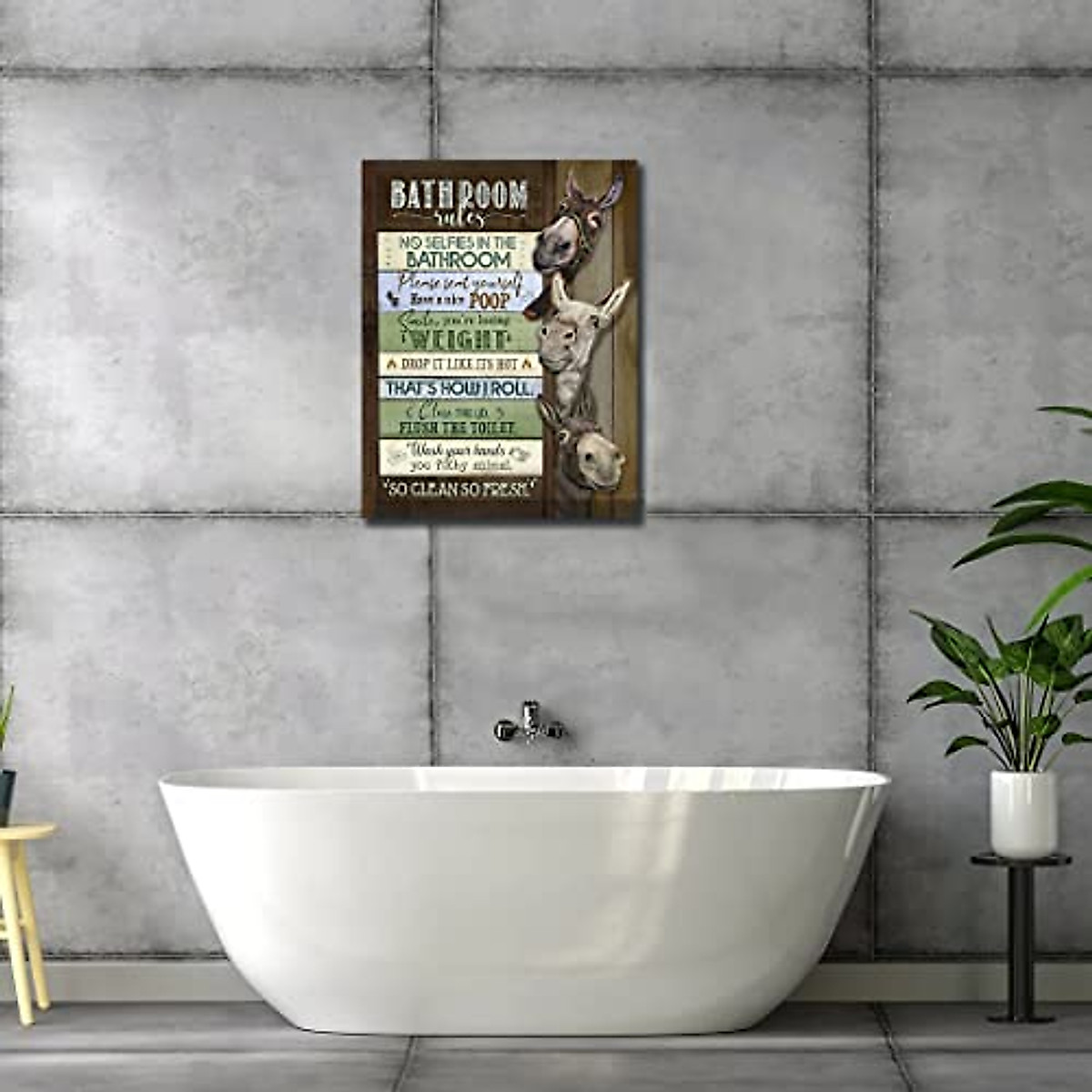 Funny Bathroom Decor Wall Art Donkey Bathroom Rules Wall Decor Rustic Farmhouse Bathroom Signs Canvas Painting Print Bathroom Pictures Decor Artwork Framed Bath Laundry Toilet Home Decoration 12"x16"