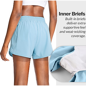 Soothfeel Womens Running Shorts with Zipper Pockets High Waisted Athletic Gym Workout Shorts for Women with Liner Light Blue