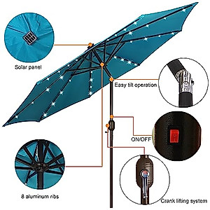Blissun 9 ft Solar Umbrella 32 LED Lighted Patio Umbrella Table Market Umbrella with Tilt and Crank Outdoor Umbrella for Garden, Deck, Backyard, Pool and Beach (Cerulean)