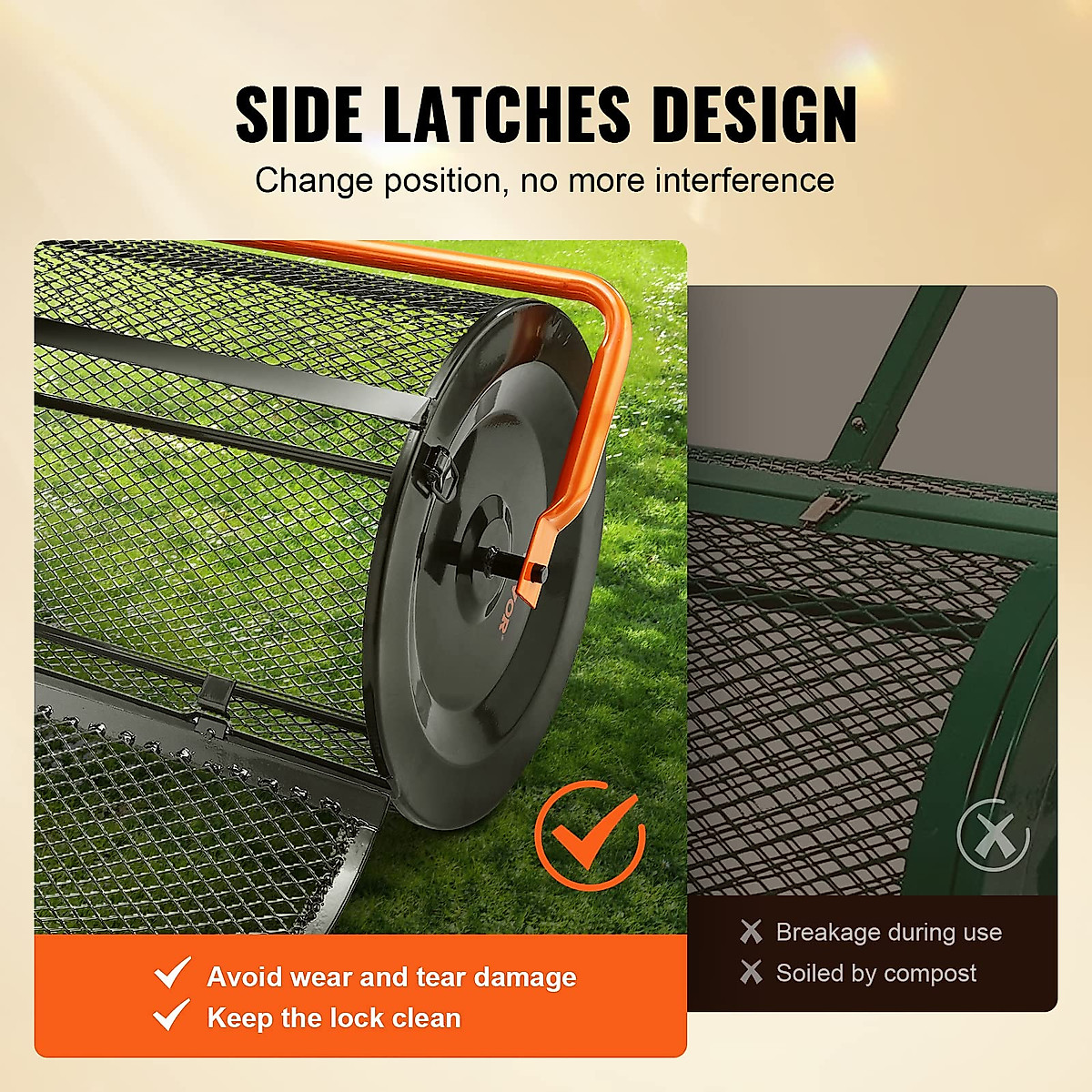 VEVOR Compost Spreader, 24.4-25.6" Height Adjustable Handle, 24" Wide, Lawn and Garden Peat Moss Roller with Side Latches, Powder Coated Steel Mesh Basket for Spreading Manure, Topsoil, Black