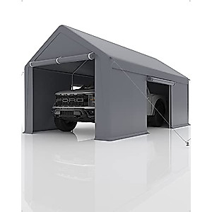 DEXSO Carport 13'x20' Portable Garage, with Heavy Duty Carport Canopy, Reinforced Steel Poles and 4 Roll-up Doors, for Pickup, Boat, and Equipment, Silver Gray