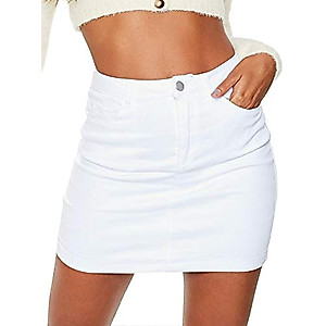 Just Quella Women's High Waisted Jean Skirt Fringed Slim Fit Denim Mini Skirt (L, White2 Washed)