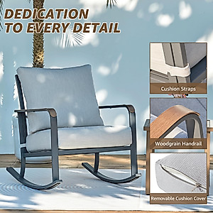NATURAL EXPRESSIONS Glider Rocking Chair Bistro Set, 3 Pieces Outdoor Patio Furniture Conversation Set with 2 Rocker Chairs, 1 Table and Thick Cushions for Backyard, Porch, Balcony, 350lbs, Grey.