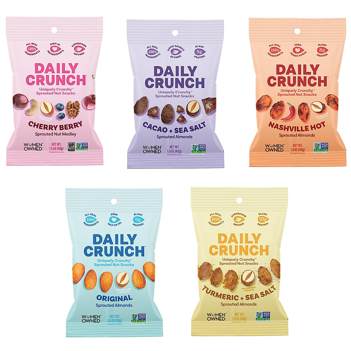 Daily Crunch Sprouted Almonds, 1.5 Ounce Mini, On-The-Go Bags (Variety Pack, 5 Pack) Contains: Original Sprouted, Cherry Berry, Golden Goodness, Cacao and Sea Salt, Coffee Coconut