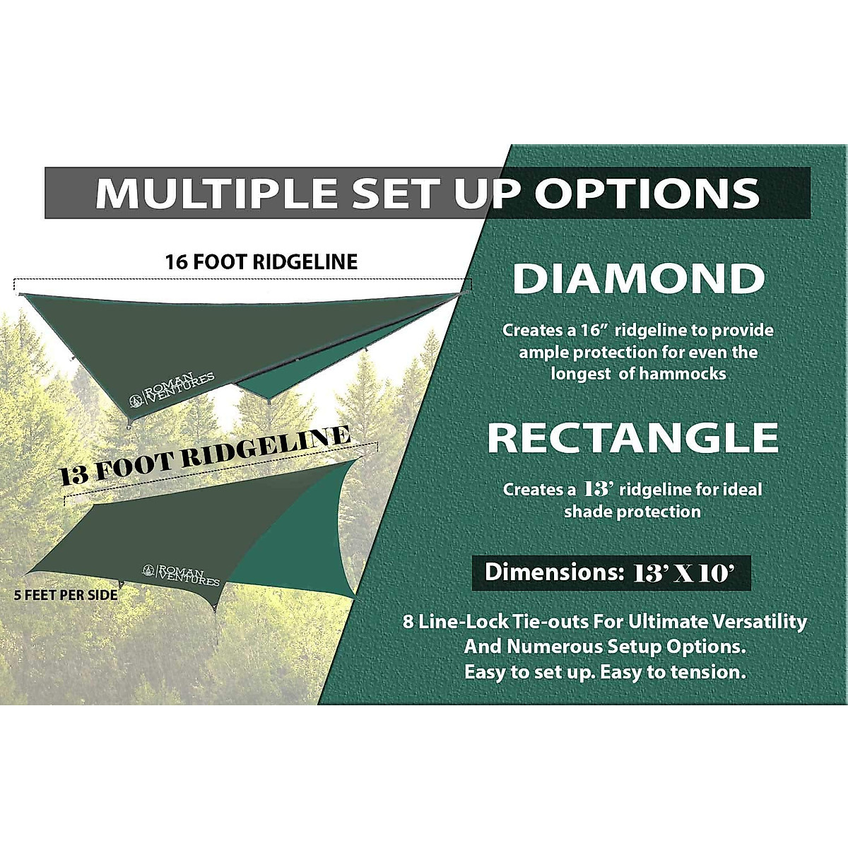 13 Foot Rain Fly for Hammock –Light Weight, Diamond-Ripstop Polyester Hammock Rainfly- 2000 PU Waterproof Eno Rain Cover– Rainfly Backpacking Tarp (13 Foot Rectangle)