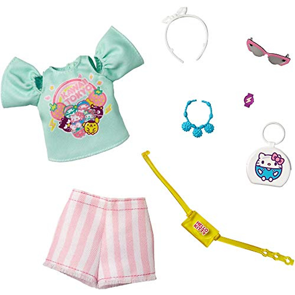 Barbie Storytelling Fashion Pack of Doll Clothes Inspired by Hello Kitty & Friends: Aqua Kawaii Tokyo Top, Striped Shorts & 6 Accessories Dolls, Gift for 3 to 8 Year Olds