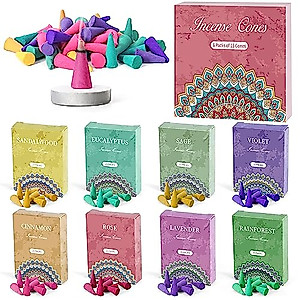 Incense Cones, Assorted Scented Incense Cones with Holder, Incense Variety Pack Gift Set, Rose, Sage, Lavender, Violet, Cinnamon, Eucalyptus, Sandalwood, Rain Forest, 120 Cones Total