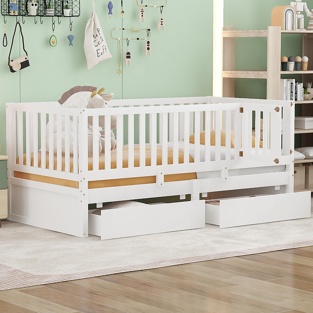 Twin Bed Frame with Rails and Storage Drawers, Can Be Divided into A Twin Size Floor Bed with Fence and A Daybed with 2 Drawers, Wood Montessori Beds for Kids Boys Girls Teens, White