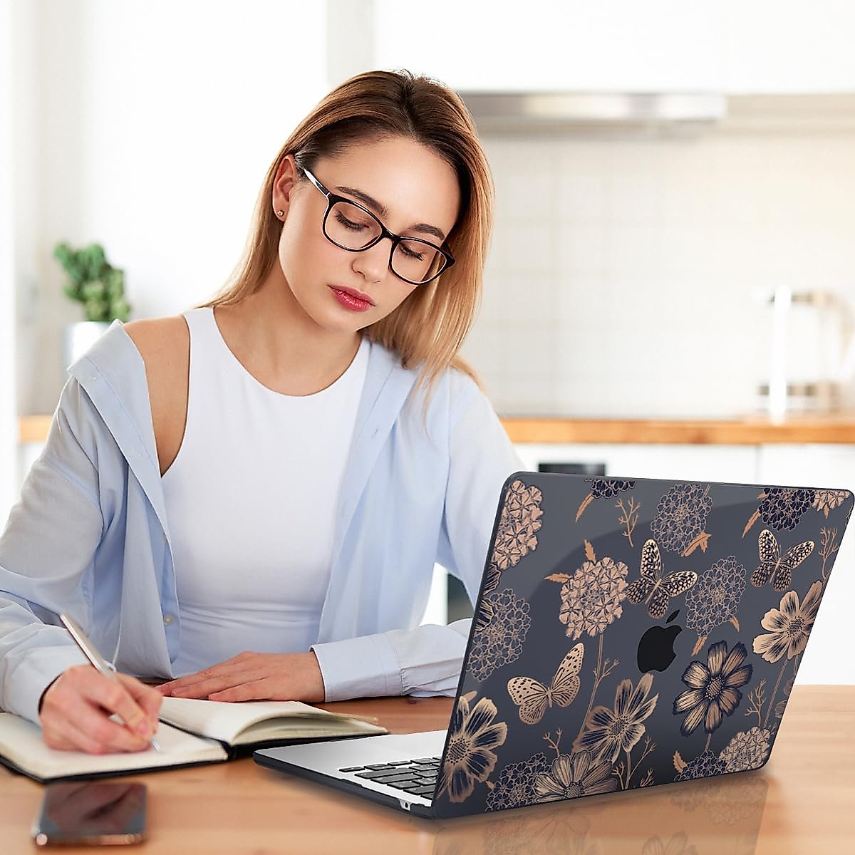 Teryeefi for MacBook Air M2 M3 13.6 Case 2022 2023 2024 Release A2681 A3113, Clear Hard Shell with Keyboard Cover & USB 3.0 Adapter & Screen Protector, Gold Floral Butterfly