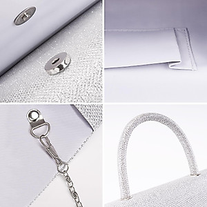 Larcenciel Women's Evening Handbags, Glitter Top Handle Evening Purse w/Chain, Silver Ladies Sequins Shoulder Crossbody Bag, Chic Guest Clutch for Party Prom Wedding Cocktail Club Dating,7.9x2.2x5.3in