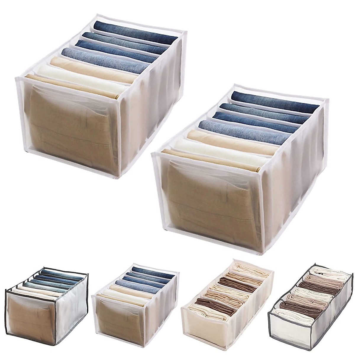 LELEBEAR Lakehemlock Wardrobe Clothes Organizer, 7 Grids Foldable Jeans Compartment Storage Box, Closet Organizers and Storage Baskets for Bedroom Dorm Room (2 Pcs White, M)