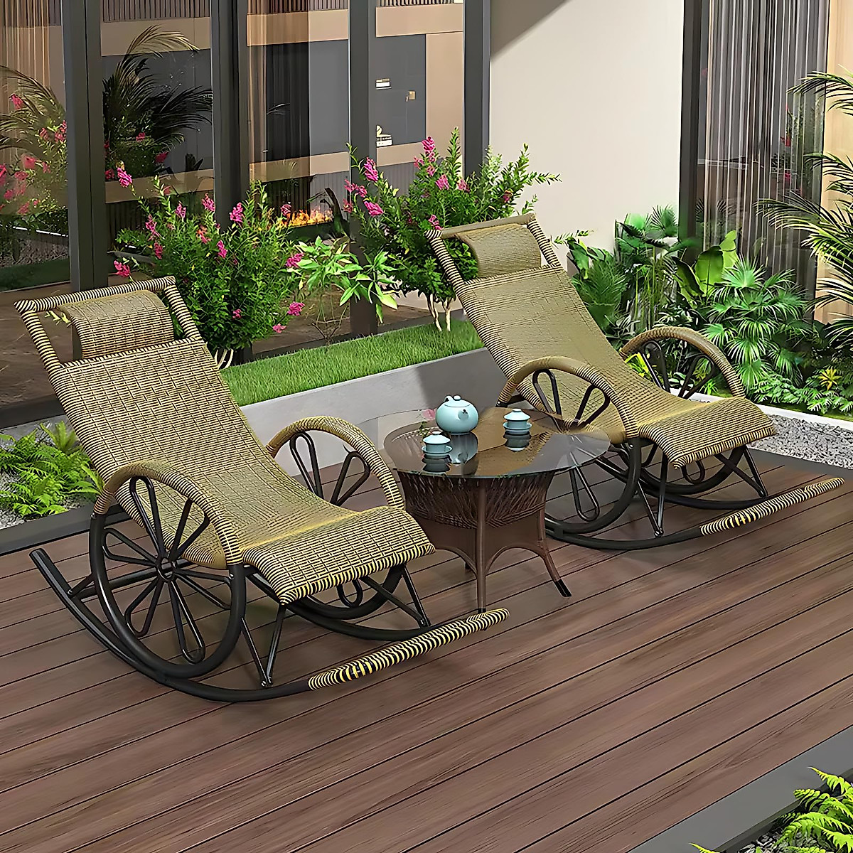 Hannahcos Outdoor Rocker Chair, Wicker Patio Chairs, Patio Lounge Chair with Armrests and Headrests, Modern Royal Chair for Bedroom, Living Room, Porch, Garden, Gold