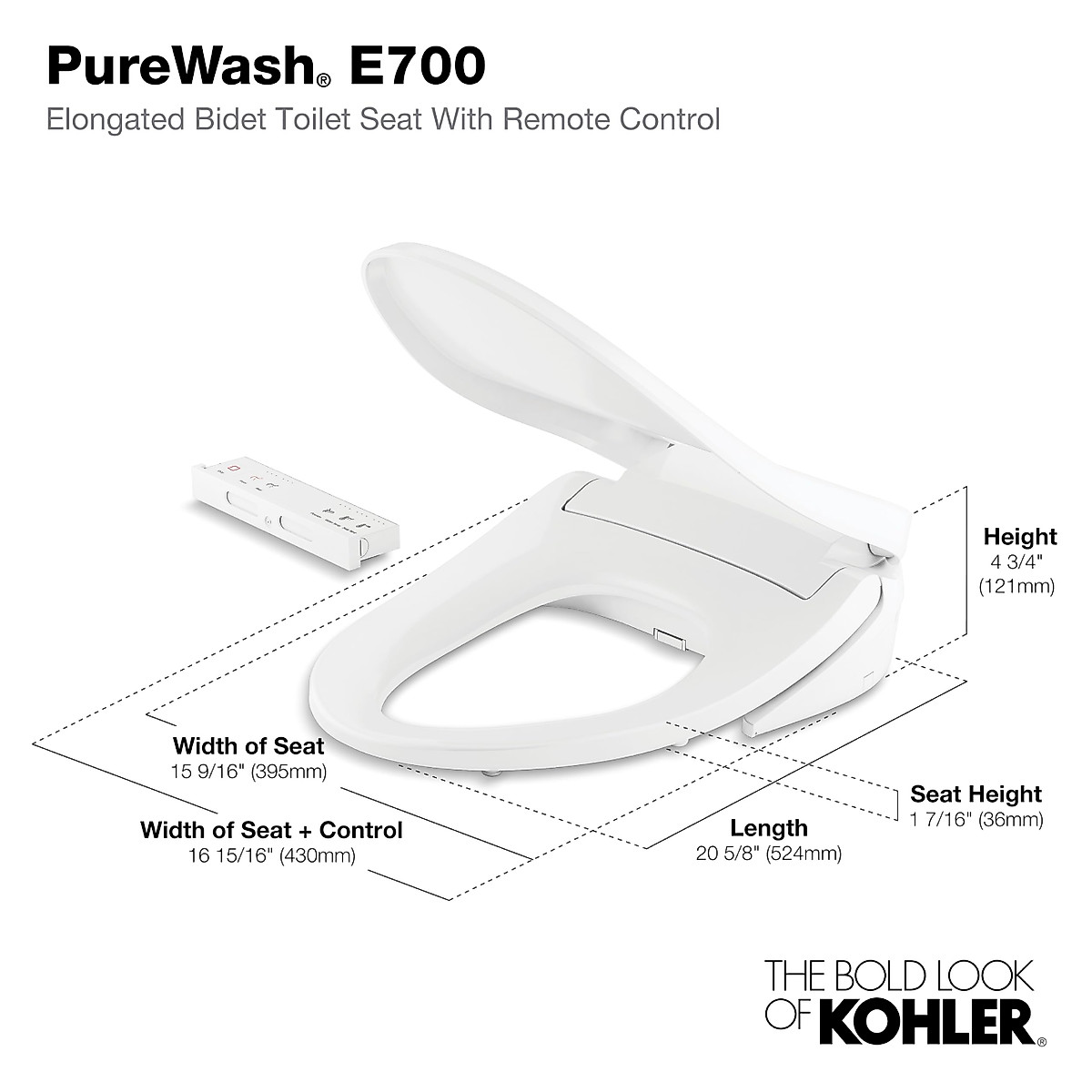 KOHLER 27142-CR-0 PureWash E700 Elongated Heated Bidet Toilet Seat with Remote Control, Bidet Warm Water, Adjustable Bidet Sprayer for Existing Toilets, White