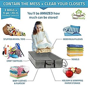 NestNeatly SmartCube Underbed Storage Bag, 3 Large Bins with Reinforced Handles Foldable Containers