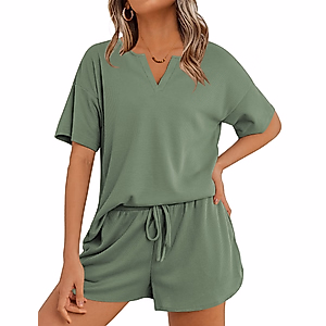 Ekouaer Waffle Knit Lounge Sets for Women 2 Piece Outfits Short Sleeve Top and Shorts Pajama Sets Tracksuit Sweatsuits Grey Green