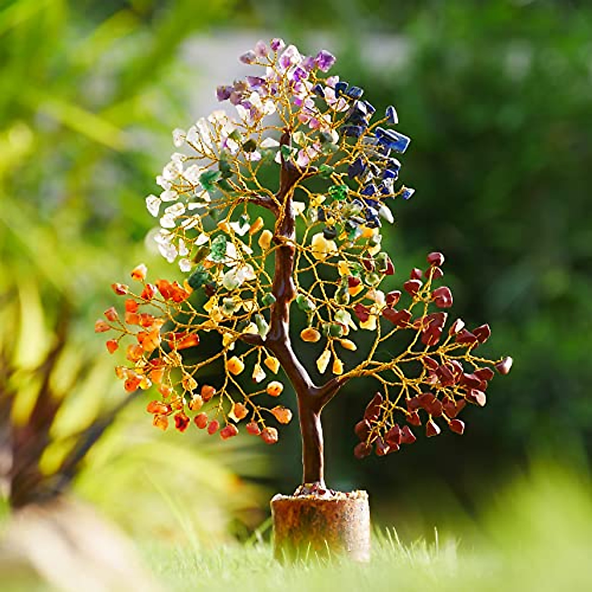 YUVDIPR Seven Chakra Crystal Bonsai Tree of Life Buddha Healing Generator Feng Shui Reiki Balancing Generator Spiritual Room Wealth Office Desk Gift Bonsai Homed Décor Gemstone Golden Wire 10-12 "