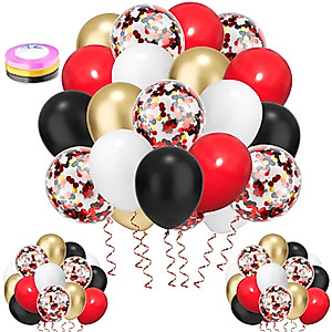 100 Pcs Red Gold Confetti Balloons Kit,12 Inch Metallic Black White Gold Party Balloons with Ribbons for Graduation Birthday Wedding Party Halloween Decorations (Red Gold)