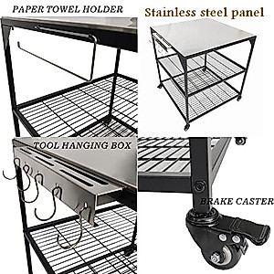 HWGckct Three-Shelf Movable Stainless Steel & Steel Outdoor Dining Cart Table Pizza Oven Protable Grill and Heavy Duty Grill Cart Outdoor Table