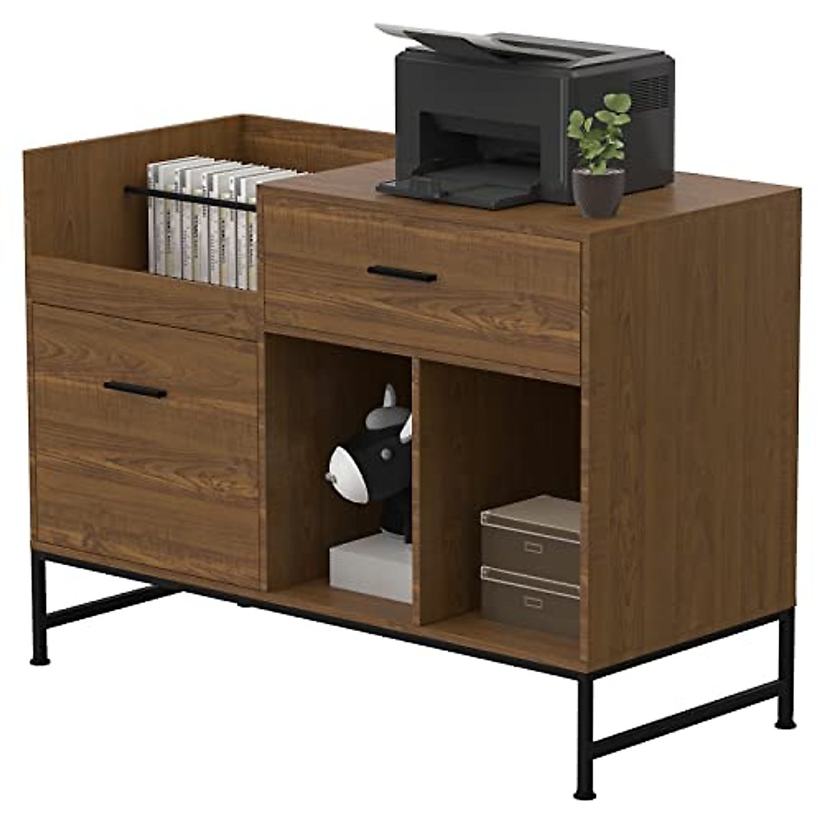 Visionwards Wood Filing Cabinet 2 Drawer, Lateral File Cabinet for Letter Size, Printer Stand with Open Storage Shelves, File cabinets for Home Office, Black/Rustic Brown