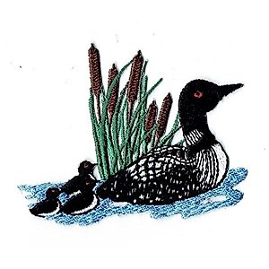 Divers Loon Bird with Chicks in Cattails Embroidered Iron on Patch