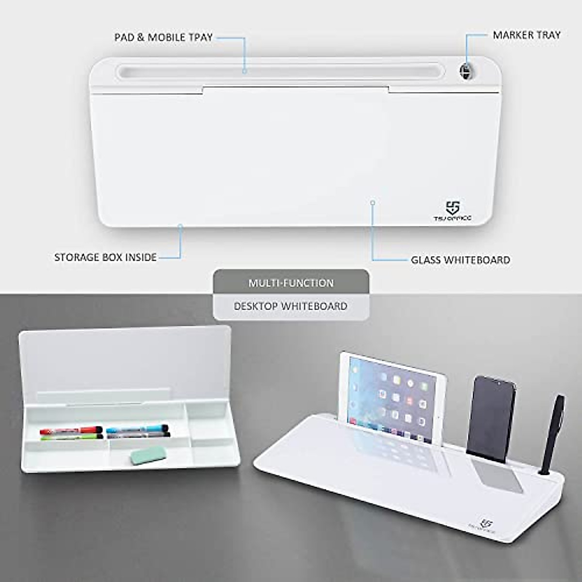 Small Glass Desktop Whiteboard Dry-Erase-Board - Computer Keyboard Stand White Board Surface Pad with Drawer, Desk Organizers with Accessories for Office, Home, School Supplies