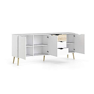 Pemberly Row Danish Modern 77" W Buffet Cabinet/Sideboard in White and Oak