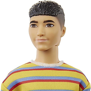 Barbie Ken Fashionistas Doll #175 with Brunette Hair Dressed in Colorful Striped Shirt, Denim Shorts and White Boots