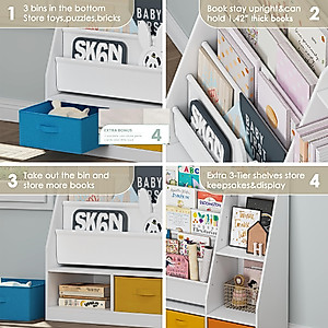 UTEX 5-Tier Kids Sling Bookshelf with Storage Bins, Wood Children Bookcase, Toddler Montessori Book Shelf for Kids Room, Classroom, Bedroom, and Nursery, White