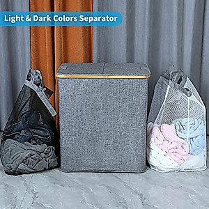 efluky Double Laundry Hamper with Lid, Divided Laundry Hamper with Removable Bags, 2 Section Dirty Clothes Basket with Handles for Bathroom, Bedroom & Laundry Room, 140L Blue-Grey