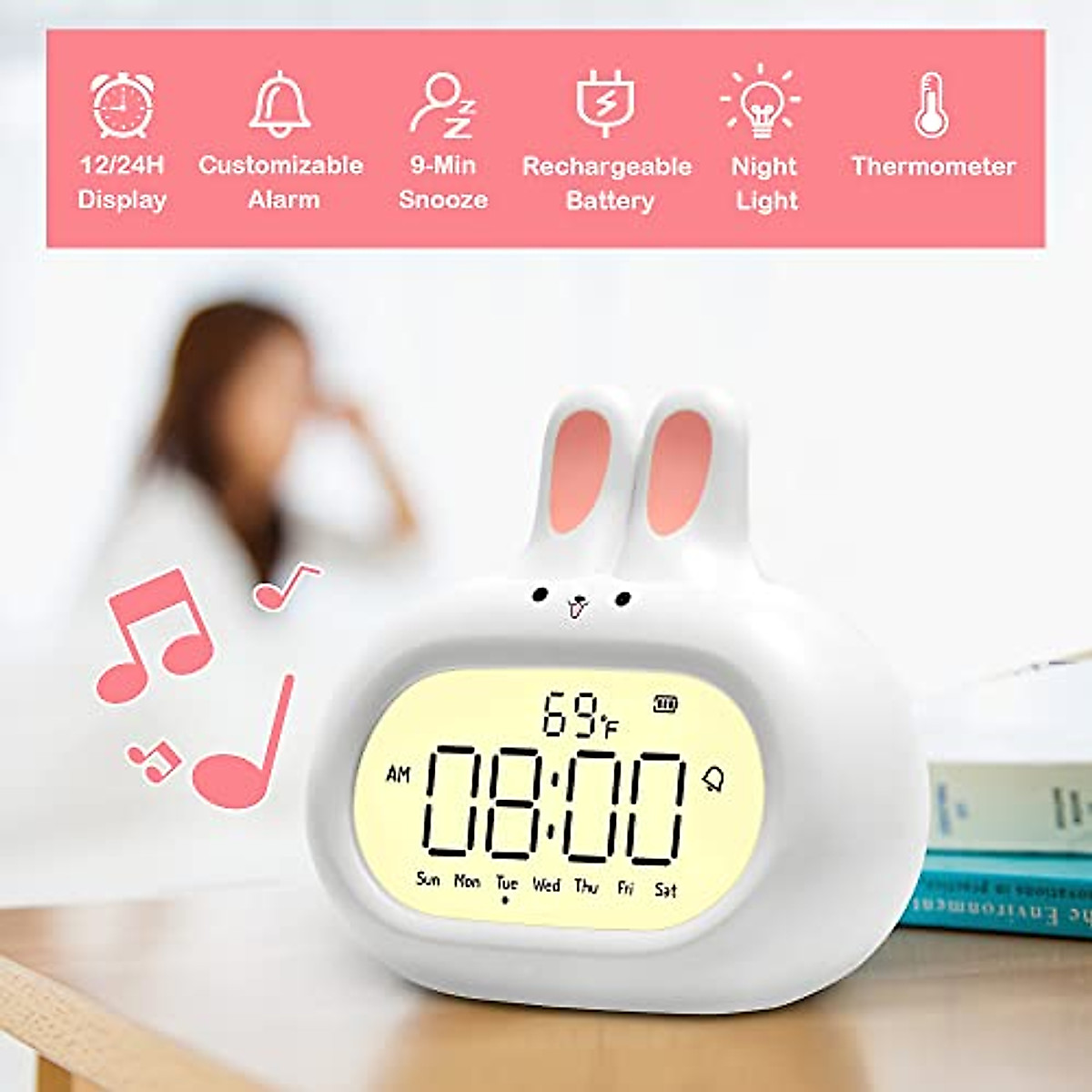 Rabbit Digital Alarm Clock with Day of Week Display, Cute Design Bunny Look, Easy Setting, Snooze, Night Light, Thermometer, Rechargeable, Kawaii Decor for Bedroom, Bedside, Adult, Kid, Gift, White