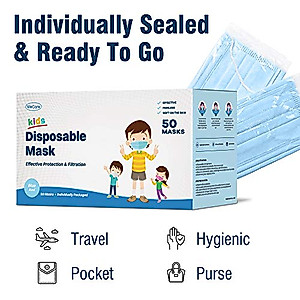 WECARE Disposable Face Masks For Kids, 50 Blue Face Masks, Individually Wrapped