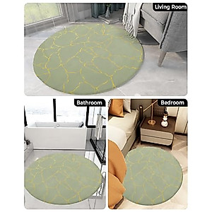 Sage Green Fluffy Round Area Rug Carpets 3.3ft, Plush Shaggy Carpet Soft Circular Rugs, Non-Slip Fuzzy Accent Floor Mat for Living Room Bedroom Nursery Decor Gold Geometric Line Country Rustic Art