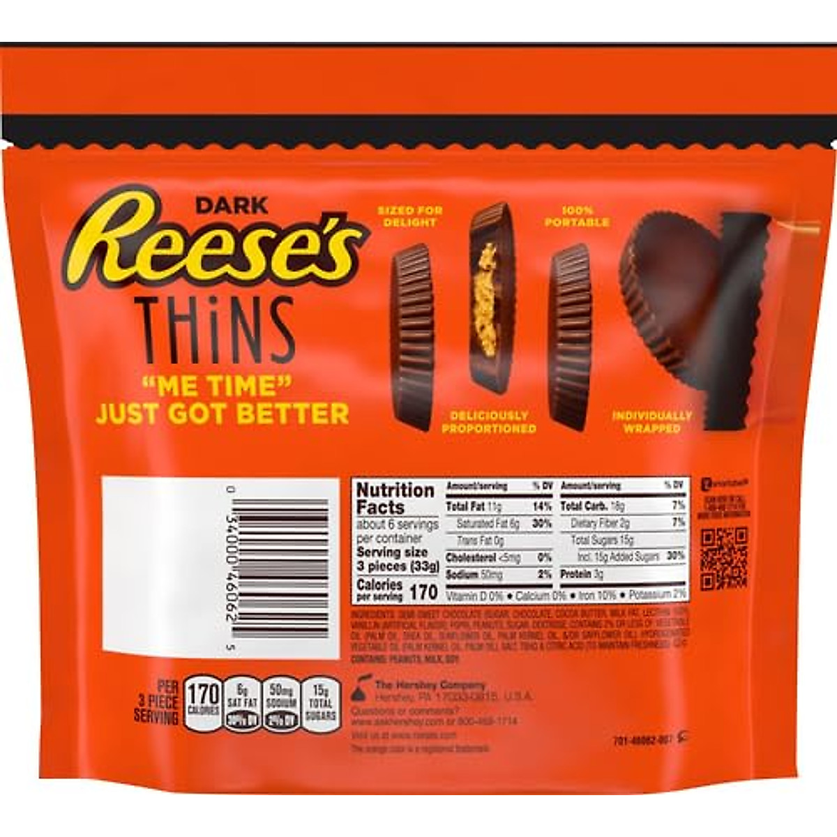 REESE'S THiNS Dark Chocolate Peanut Butter Cups, Candy Share Pack, 7.37 oz
