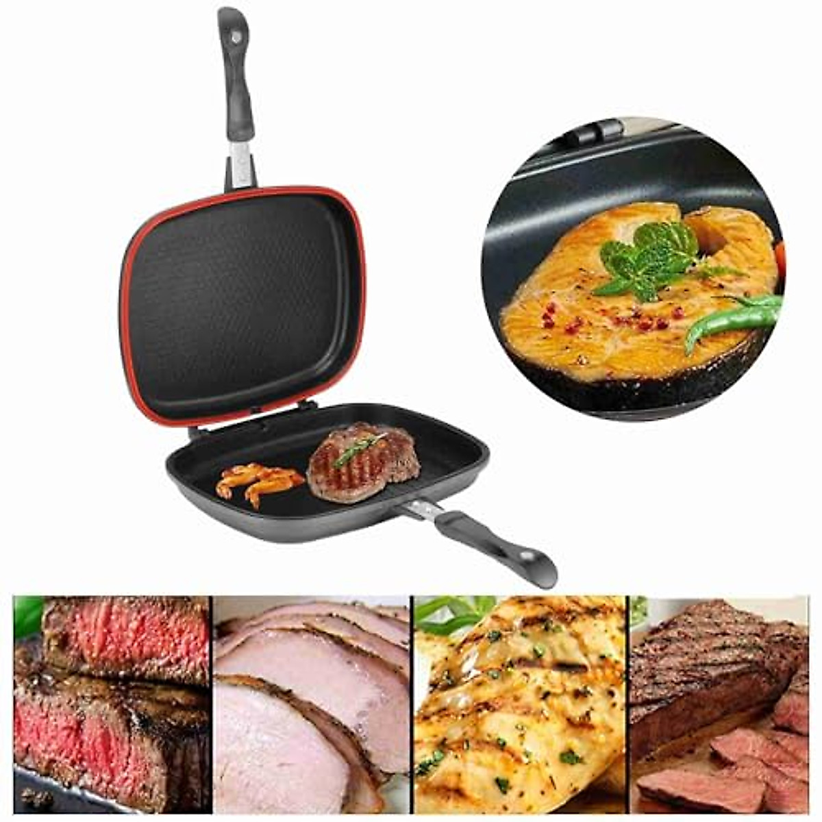 Grill Pan Frying Double Side Portable AntiBurn Handle Kitchen Supplies Grill Pot 32cm 12.6in