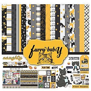 Inkdotpot Black & Yellow Cat Theme Collection Double,Sided Scrapbook Paper Kit Cardstock 12"x12" Card Making Paper Pack of with Sticker Sheet - 16 Pages - Black & Yellow