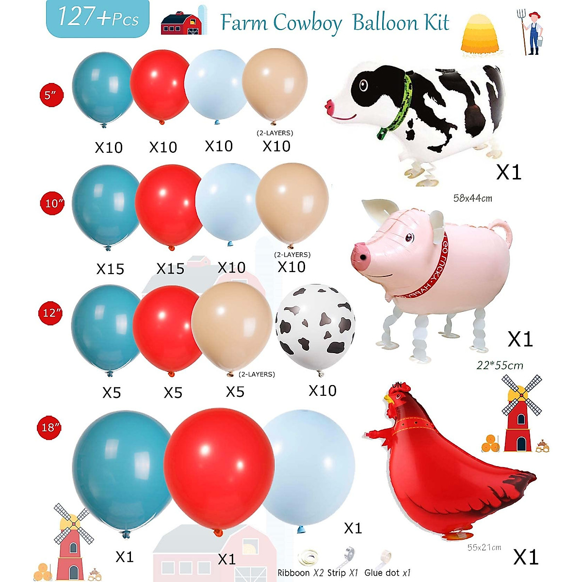 Cow Balloon Garland Arch Kit Western Cowboy blue red Farm animal print Balloons Farm theme birthday for Boy party my first rodeo party decorations