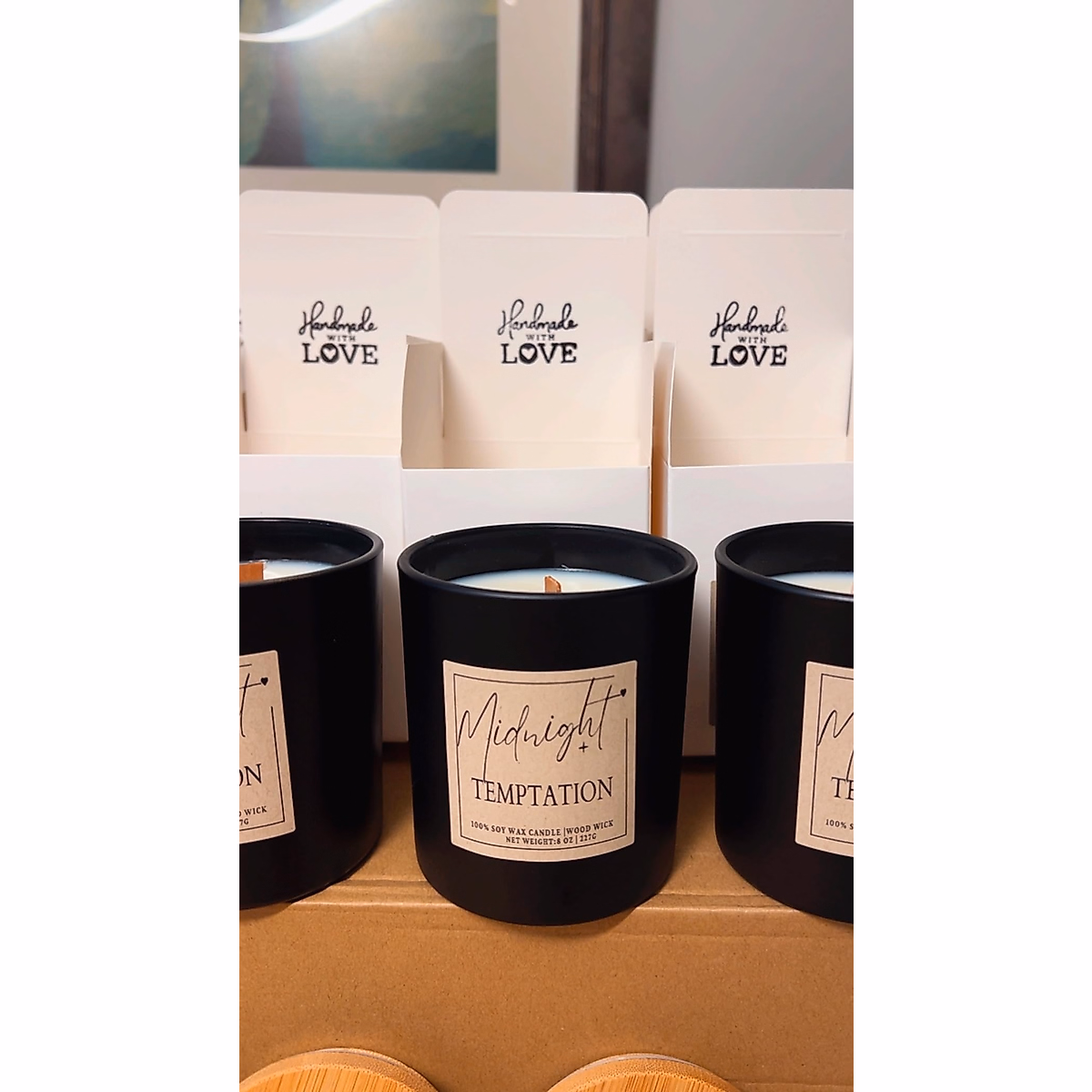 Midnight Temptation Luxury Scented Candle | 8 oz 100% Soy Wax | Wood Wick | Black Jar | Rich Channel, Wood, & Tobacco Caramel Notes | Fall Candle Collection