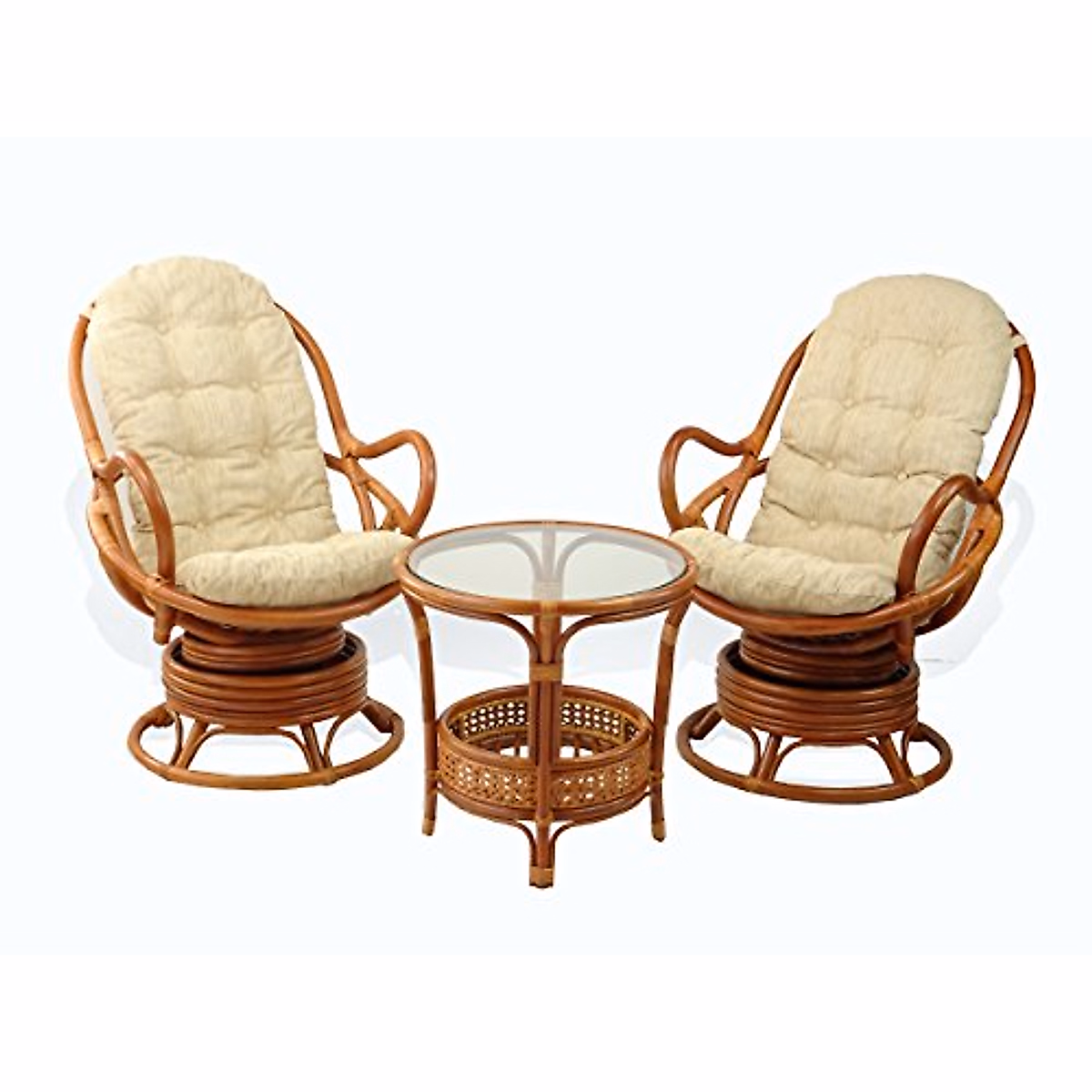 Java Lounge Swivel Rocking Chair with Cream Cushion Natural Rattan Wicker Handmade, Colonial