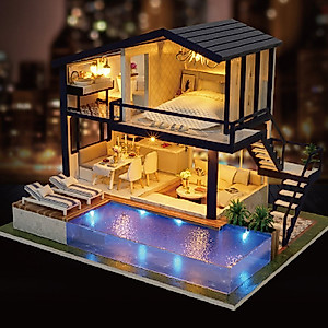 CUTEROOM Dollhouse Miniature with Furniture, 3D Wooden Miniature Doll House with Music Box & LED Lights,1:24 Scale DIY House Kit (A066)