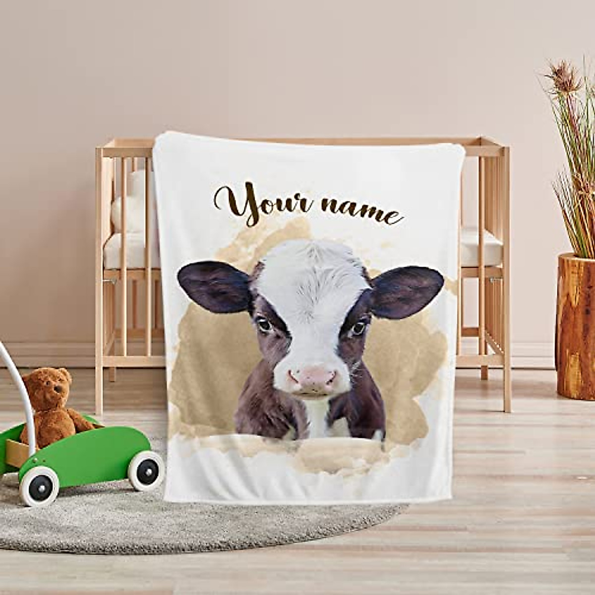 Ogoprints Dairy Cow Custom Baby Blanket with Name Personalized Fleece Throw Blanket Sofa Bed-3 Sizes (50x60 in, Dairy Cow)