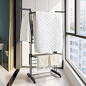 HOFLERA Airer Clothes Drying Rack - 4 Tiers Foldable Clothes Hanger with Adjustable Height and Large Stainless Steel Garment Laundry Racks for Indoor and Outdoor Use