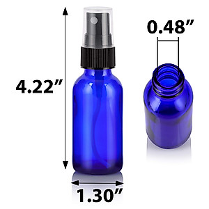 JUVITUS 1 oz Cobalt Blue Glass Boston Round Bottle with Black Fine Mist Spray (12 Pack) + Funnel