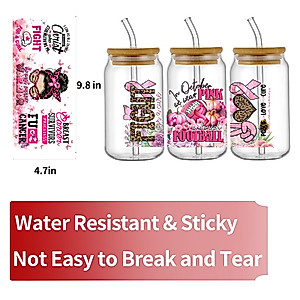 UV DTF Cup Wrap for Glass 16oz, 5 Sheetes uvdtf Breast Cancer Awareness Transfers Stickers Cup Decals, Rub on Transfers Glass Cup Stickers for Tumbles Crafts, Permanent Adhesive, No Heat Needed
