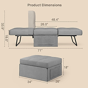 Aiho 4 in 1 Sofa Bed, Sleeper Chair Bed Convertible Chair, Assembly-Free Sofa Chair Bed with Adjustable Backrest Breathable Linen, for Living Room Apartment Office, Light Grey