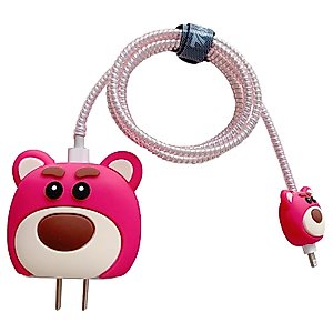 3D Cute Cartoon Charger Protector Case - Compatible for Apple 20W USB-C Power Adapter and Lightning Cable (Pink Strawberry Bear)