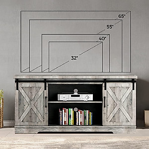 GAOMON Farmhouse TV Stand - Modern Entertainment Center for 65 Inch TVs, Barn Door Console Table with Storage & Shelves - Grey Living Room Furniture