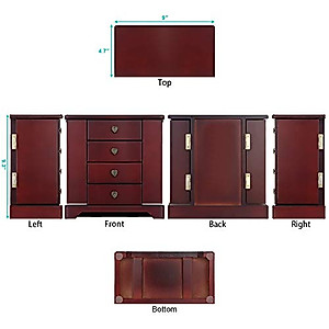 RR ROUND RICH DESIGN Jewelry Box - Made of Solid Wood with Cabinet Type 4 Drawers Organizer and 2 Doors on Sides - Dark Brown