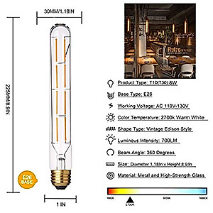YFXRLIGHT Dimmable T10 Edison Led Long Tubular Bulb 4000k Daylight White,8W Vintage Filament Bulb 80W Equivalent, E26 Base Led Bulb, 8.9inch, Pack of 4